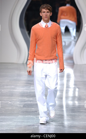 Jasper Conran Milan Menswear S S Male model wearing white suit and red ...