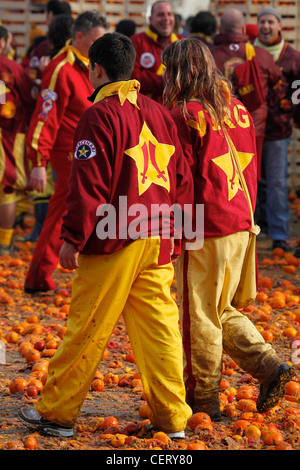 The Battle of Oranges, Ivrea Carnival - smashed oranges covering the ...