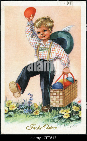 Easter postcard printed in Austria, shows a little girl with a basket ...