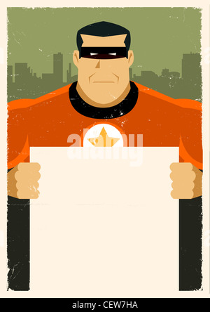 Illustration of a stylized Super Hero holding advertisement sign Stock ...