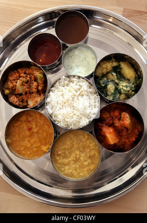 A meat thali, minced lamb and potato curry, dhal, rice , mixed ...