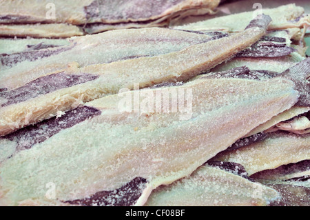 bacalao, dried salted cod fish on sale at stall in La Boqueria market ...