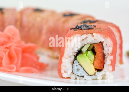 Fuji Sushi rolls made of tuna, pepper, avocado, cucumber Stock Photo ...