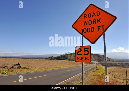 Warning sign on road going to lava viewing area, Kilauea Volcano, Big ...