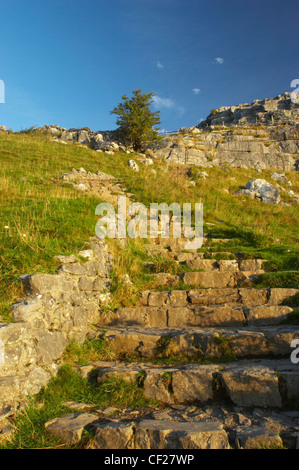 UK, England, Yorkshire, Malham, steps up escarpment to Malham Cove ...