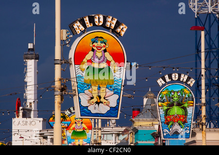 England, Lancashire, Blackpool. 'Aloha' signs on the Golden Mile near ...