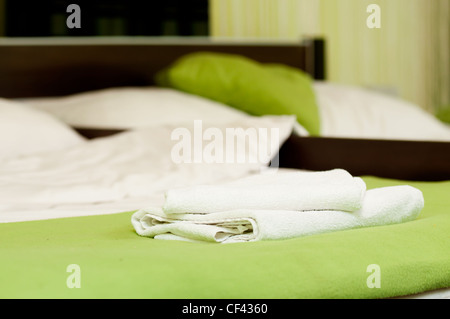 Clean and fresh white cotton towel, Spa treatment with blooming branch ...