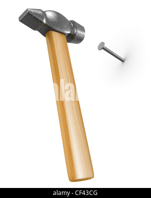 Shiny new hammer hitting the nail isolated on white background, closeup ...