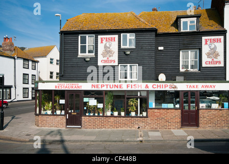 Shop front of a fish and chips food bar on Bognor Regis seafront, West ...