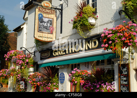 Exterior of Greyhound Inn pub in the rural market town of Usk ...