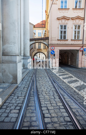 Tram, tramlines and arch in Lesser Town, Prague Stock Photo - Alamy