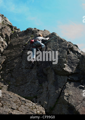 A rock climber nears the top of the dolerite rock cliff at Auchinstarry ...