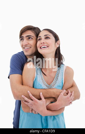Close lifestyle portrait of embracing in city square, authentic image ...