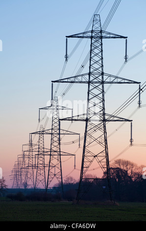 Row of electricity pylons at dusk Stock Photo - Alamy
