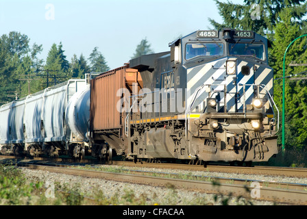 A Canadian National C44 - 9W locomotive waits to depart Jasper station ...