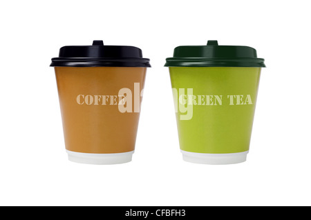 Two paper cups with lid for tea to go. Coffee take away on the table ...