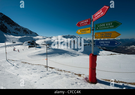 Piste signs at Courchevel, Three Valleys ski resort France on beautiful ...