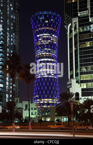 Blue illuminated QIPCO Tower in Doha, Qatar Stock Photo - Alamy