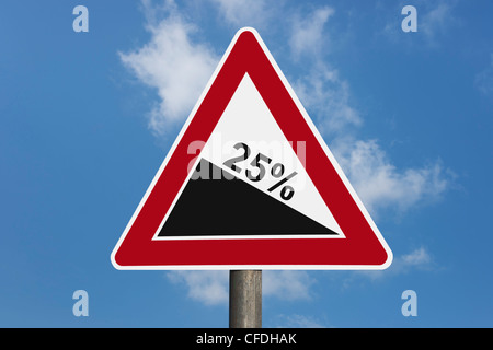 warning steep road sign with 25 percent grade and truck on hill Stock ...