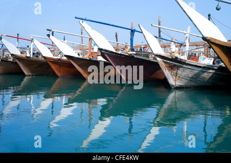 Bahrain, Manama city, the typical Dow boat in the fishermen harbour ...