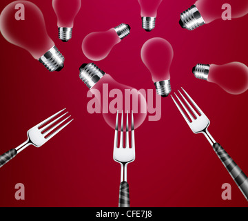 Forks around light bulb, on green background Stock Photo - Alamy