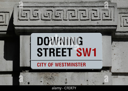 Road sign for Downing Street in postcode SW1, City of Westminster ...