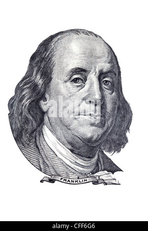 Benjamin Franklin portrait on a 100 US dollars bank note made in 2006 ...