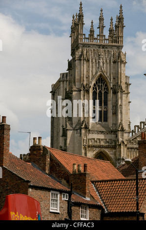 Spires and roof of York minster cathedral viewed from city walls ...