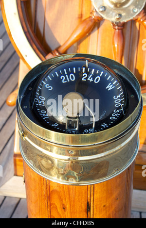 Ships compass on deck of an old wooden sailing Tall Ship Stock Photo ...