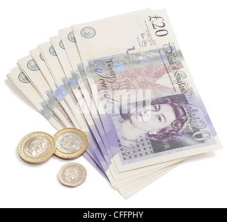 Twenty pound notes fanned out, overlaping one another, amounting to a ...