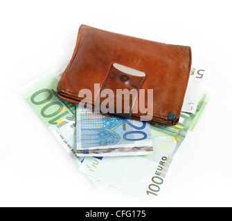 Euro banknotes in black leather wallet on wooden background with ...