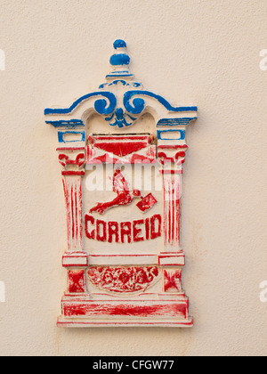 Blue mailbox on the white wall with number forty five, Portugal, West ...