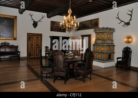 Grein: castle Schloss Greinburg, river Donau (Danube), church, from ...