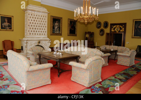 Grein: castle Schloss Greinburg, river Donau (Danube), church, from ...