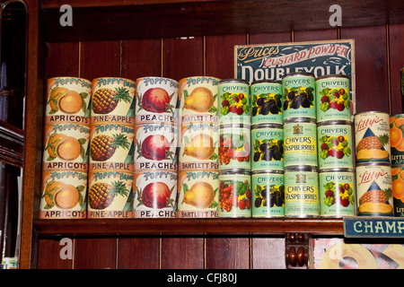 Tinned food and produce from a bygone era, old fashioned style general ...