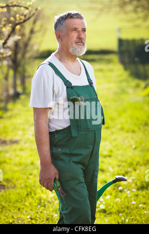 watering orchard/garden - portrait of a senior man gardening in his ...