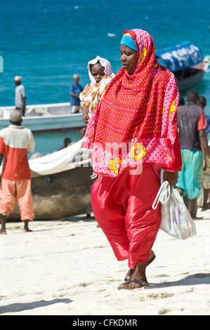 Swahili women in traditional dresses walking on the beach in Stone Town ...