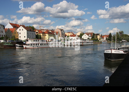 The Regensburg river cruise boat moored on the Danube River at ...