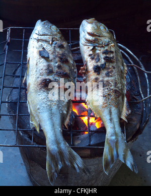Fishes roasting on a gridiron Stock Photo - Alamy