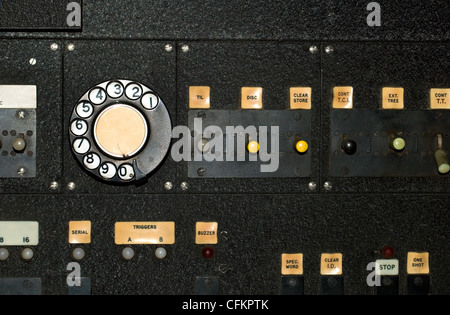Old analog telephone switchboard system connection panel with wire ...