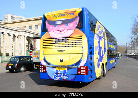 Colourful transport advertisement on back Stagecoach Megabus coach ...