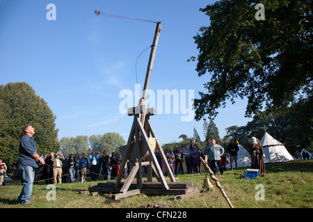 A trebuchet, a medieval catapult or seige weapon, at Castelnaud la ...