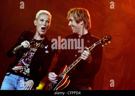 Marie Fredriksson and Per Gessle of Roxette performs on stage during ...