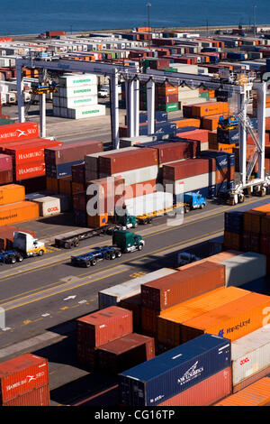 Specialized overhead cranes shift maritime cargo containers from ship ...