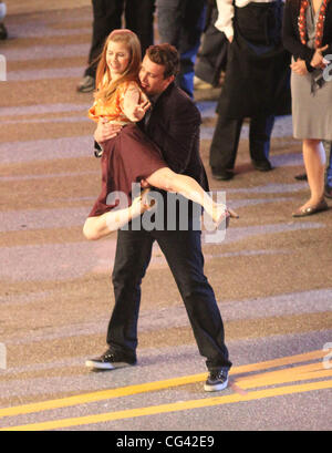 Amy Adams and Jason Segel filming a scene of Disney’s 'The Muppets' on ...