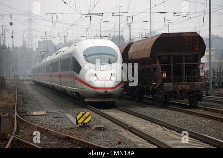 German railways high-speed express train leaving Cologne, North Rhine ...