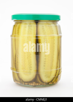 Gherkin slices, pickled in a glass jar. Lengthwise sliced gherkins ...