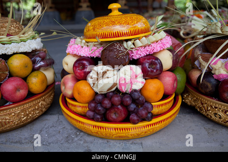 Baskets of fruit are displayed at a temple as an offering to the Hindu ...