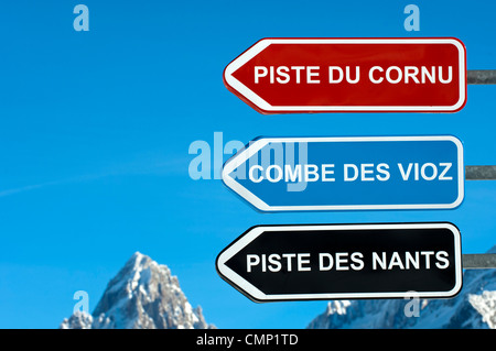 Directional signs to ski slopes at Planpraz, Aiguille Verte behind ...