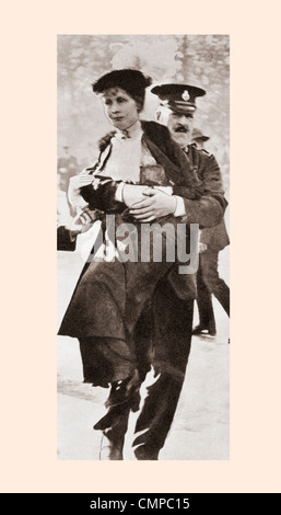 British suffragette Emmeline Pankhurst arrested and carried away by a ...